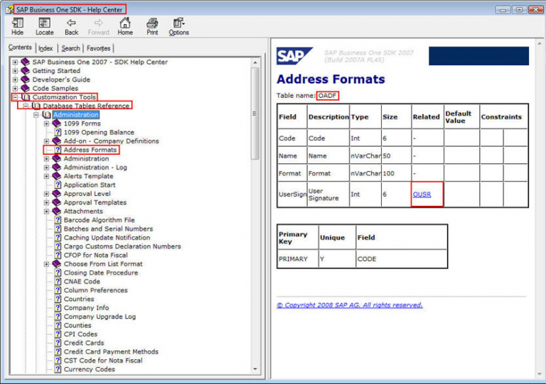 Danh sách các bảng trong SAP Business One